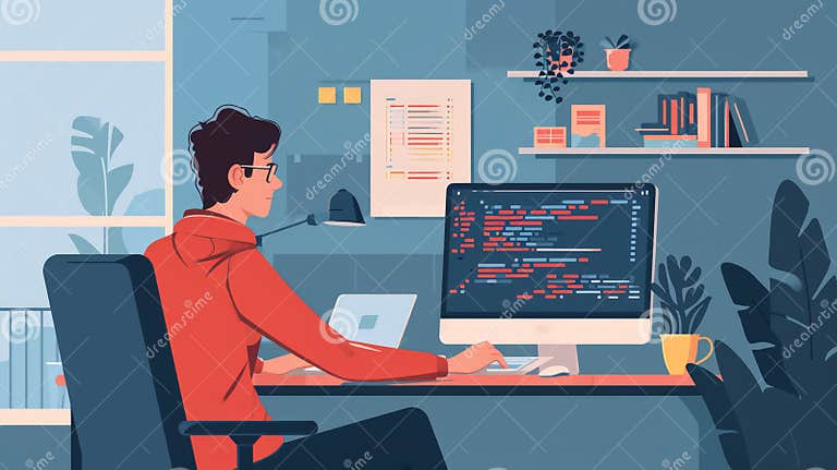 Programmer Working on Computer in Office. Programmer Coding and Programming Stock Illustration ...