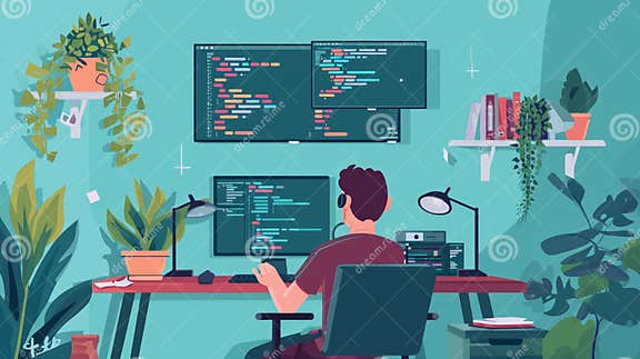 Programmer Working On Computer In Office Programmer Working On Program Code On Screen Stock