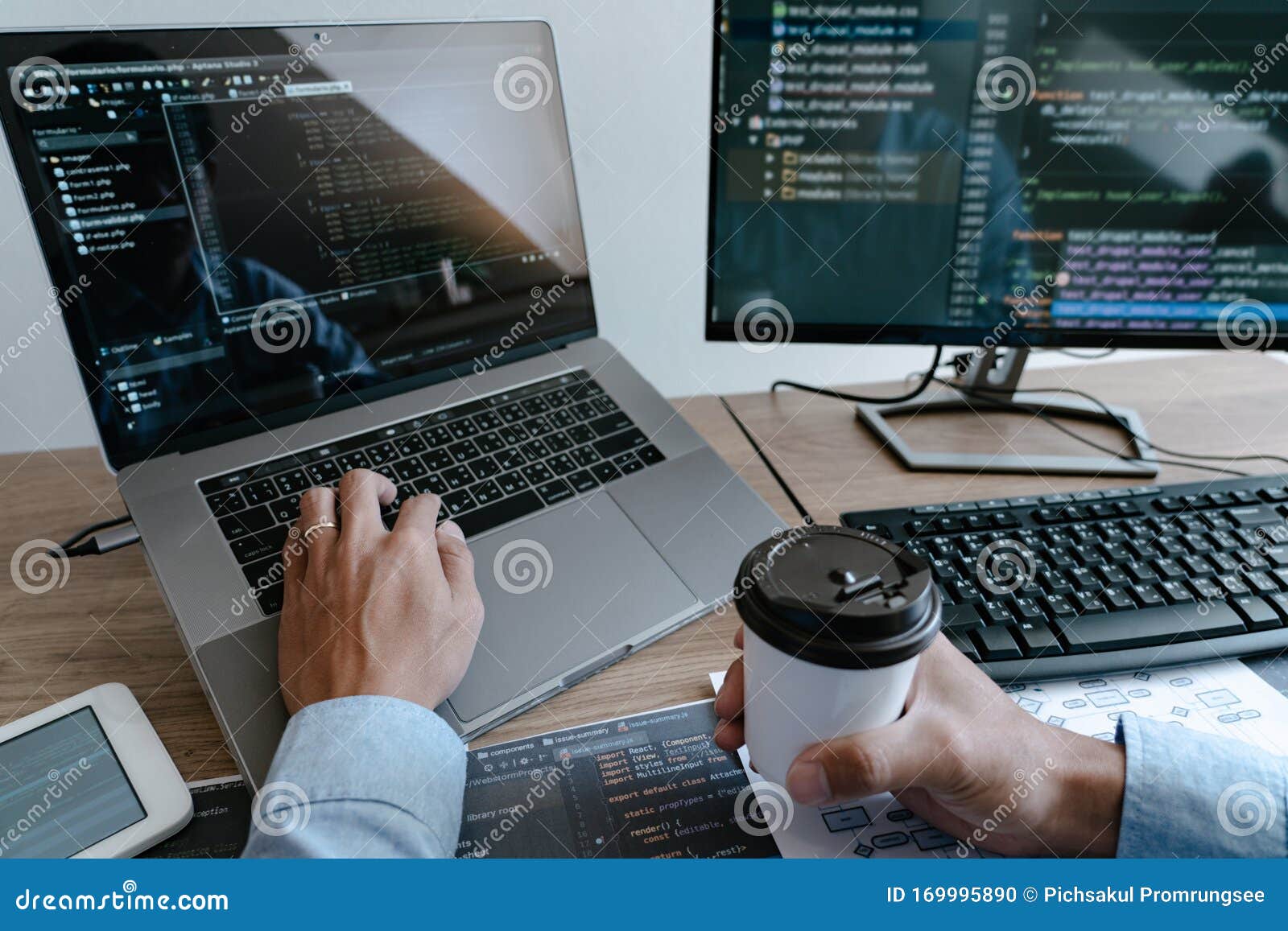 Programmer Working on Computer in it Office Typing Data Coding in ...