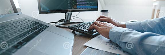 Programmer Working on Computer in it Office Typing Data Coding in ...