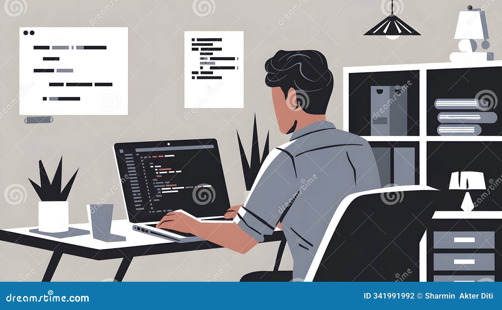Programmer Working at the Computer in the Office. Vector Illustration ...