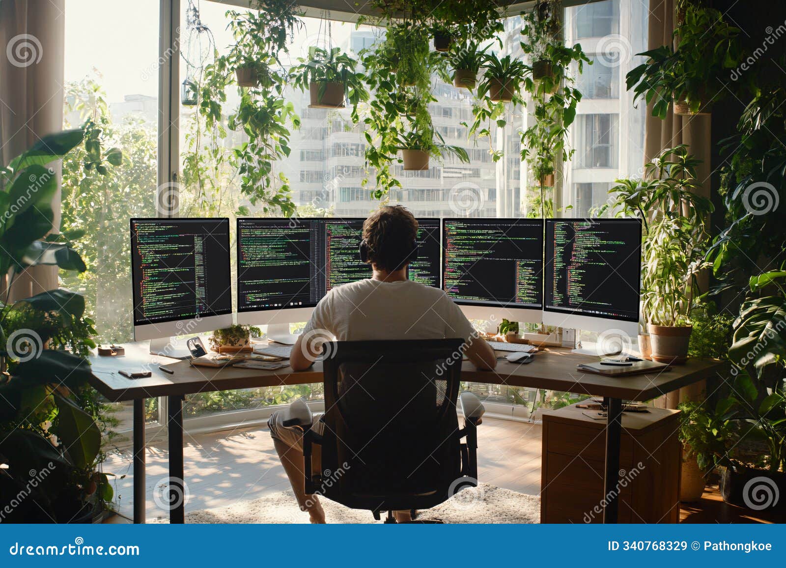Programmer Working with Computer at Table. Screens Show Layered Code ...