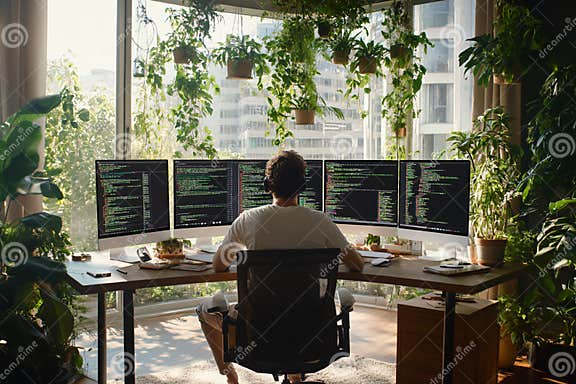 Programmer Working with Computer at Table. Screens Show Layered Code ...