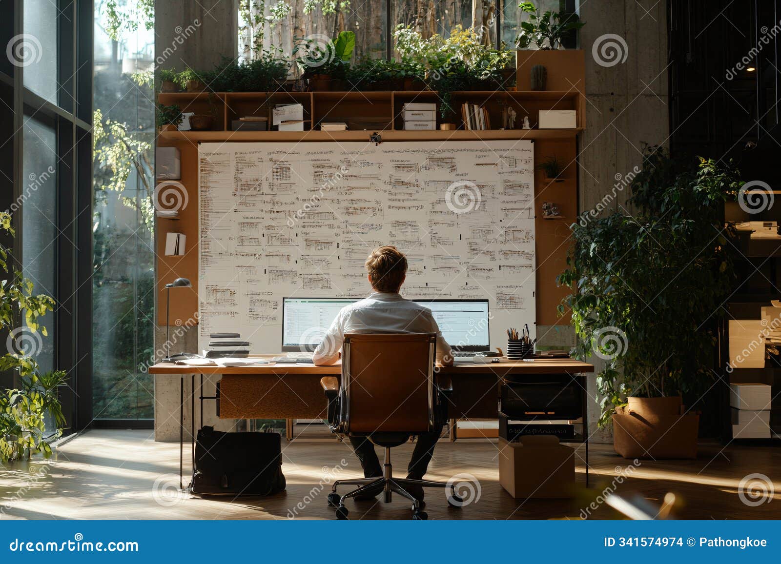 Programmer Working with Computer at Table. Screens Show Layered Code ...