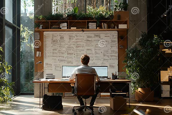 Programmer Working with Computer at Table. Screens Show Layered Code ...