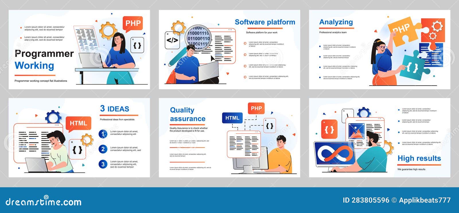 Programmer Working Concept for Presentation Slide Template. Developers Program in Different ...