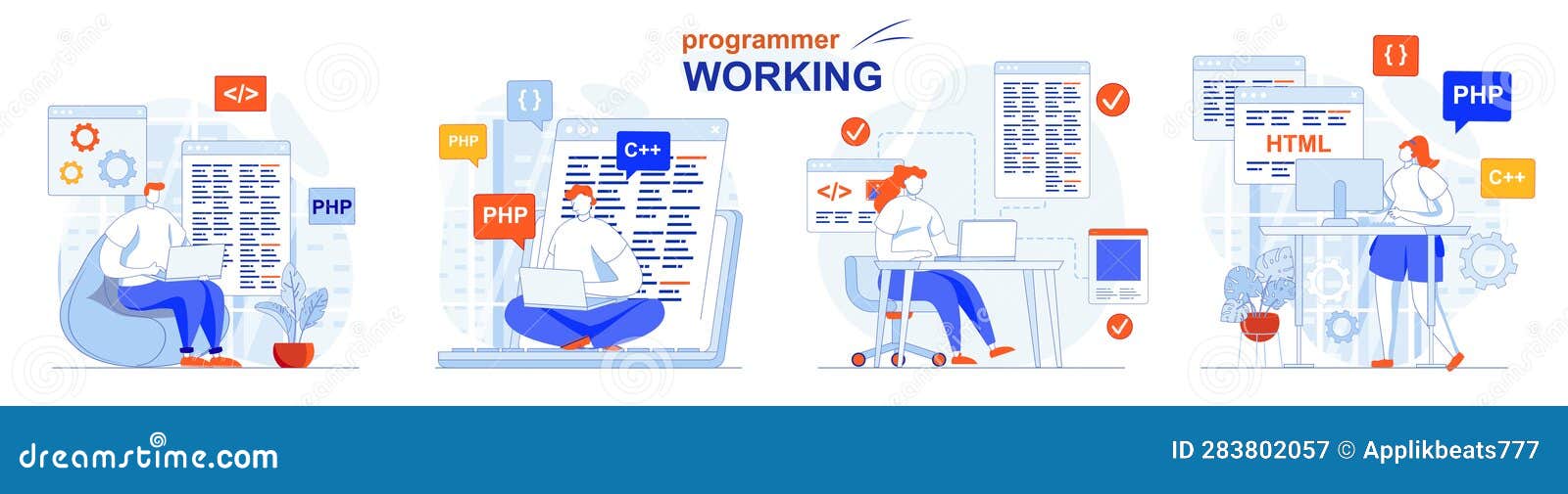 Programmer Working Concept Set. Software Development, Code Programming ...