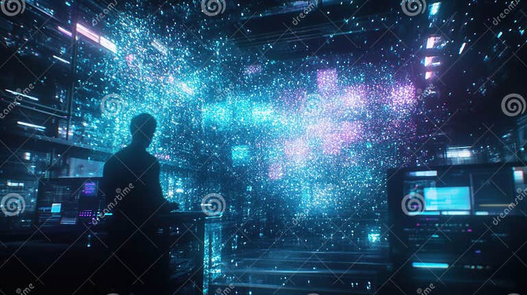 Programmer Working in Futuristic Cyberspace with Digital Data Flow Stock Image - Image of ...
