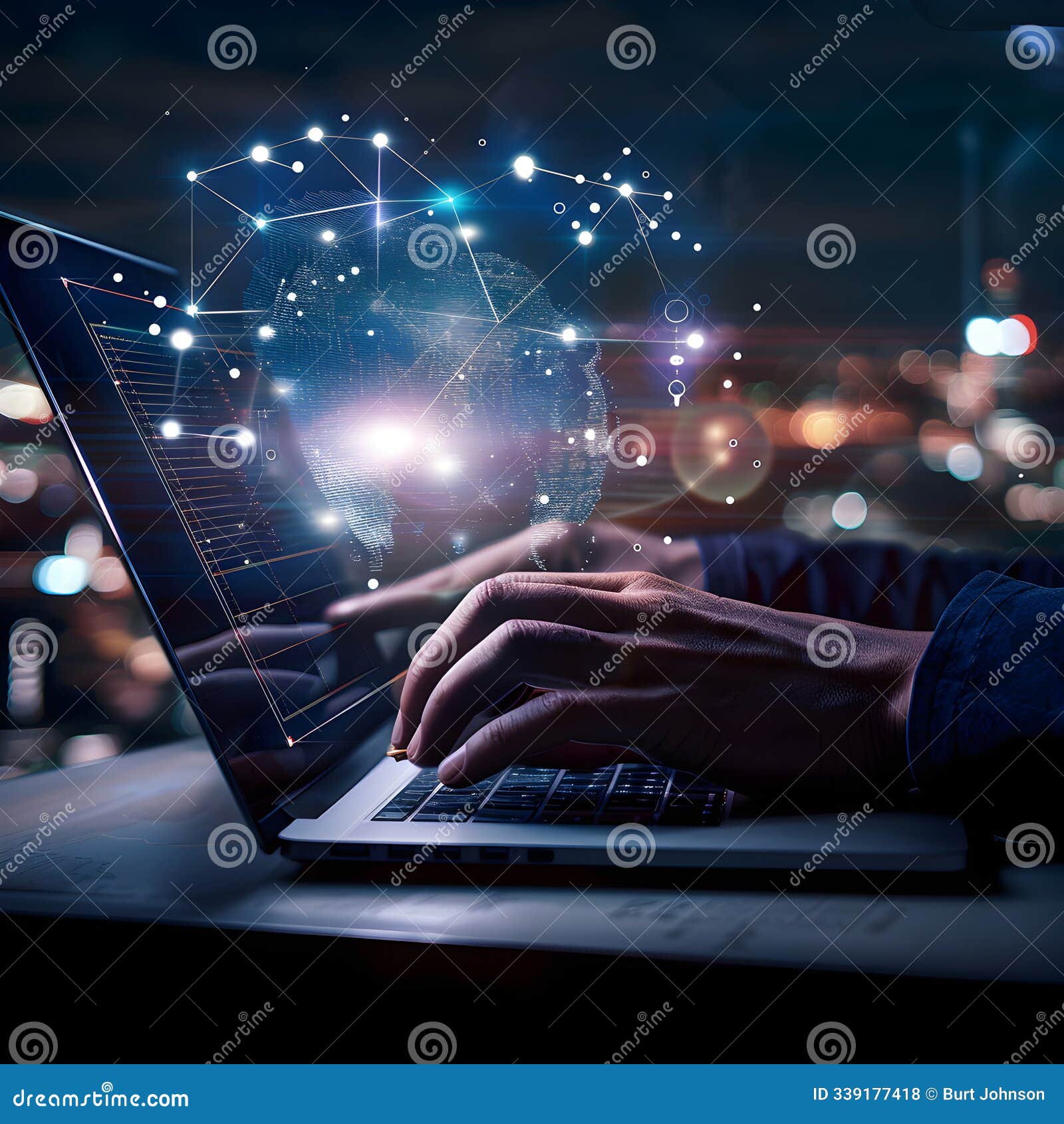 Programmer Working with Hologram of Digital Earth and Network ...