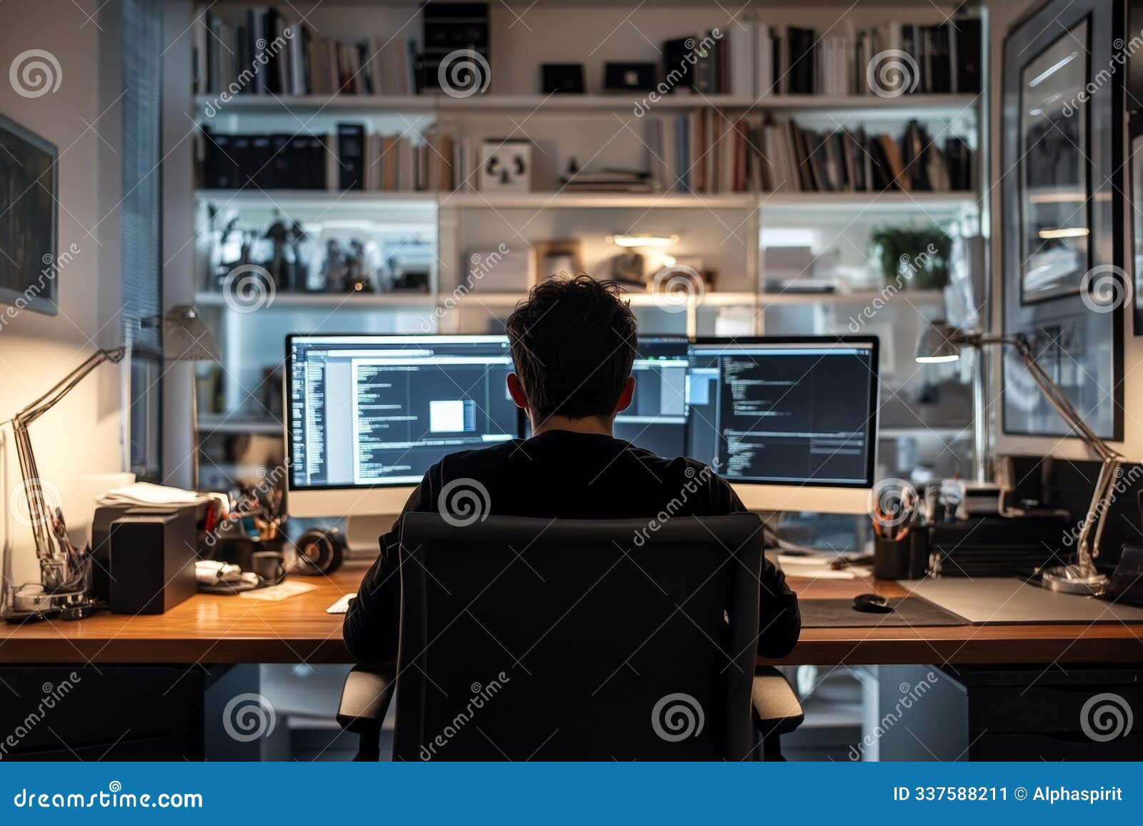 Programmer Working From Home Office Using Two Monitors Stock Image 1707