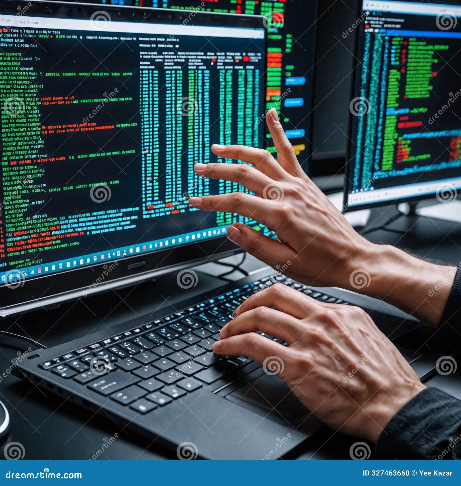 Programmer Working on a Laptop with Code on the Screen. Stock ...