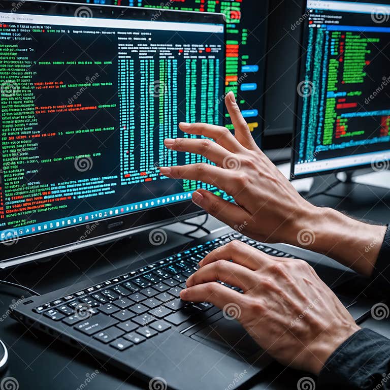 Programmer Working on a Laptop with Code on the Screen. Stock ...