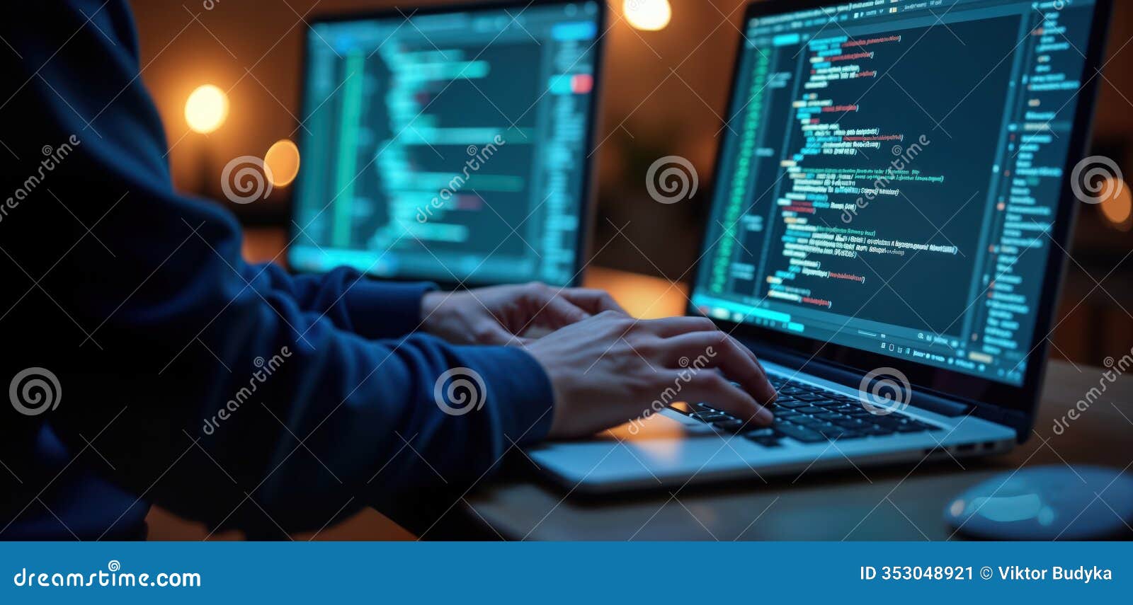 Programmer Working on Laptop in Evening. Coding in Multiple Screens, Developing Software ...