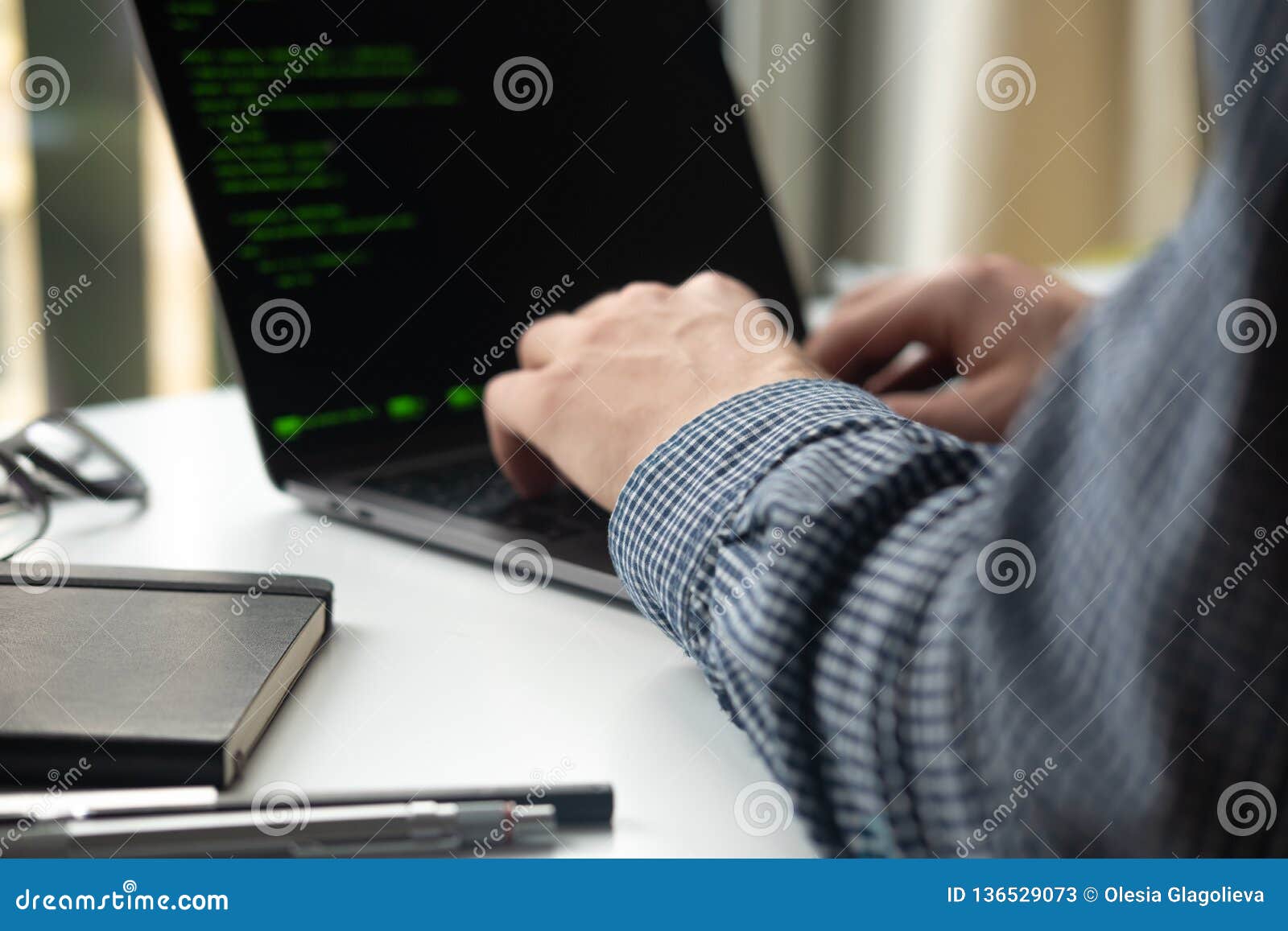 Programmer Working On Laptop At Office Focus On Programming Code Stock