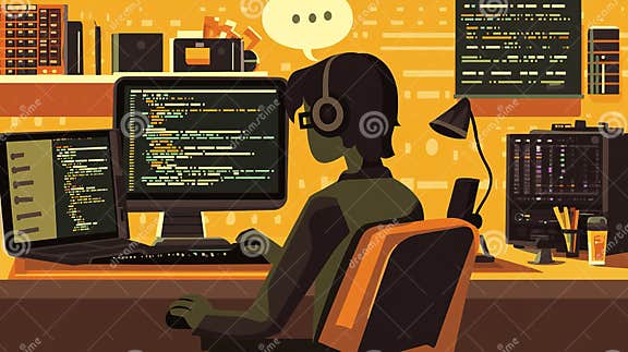 A Programmer Working Late at Night in a Colorful Office Filled with ...