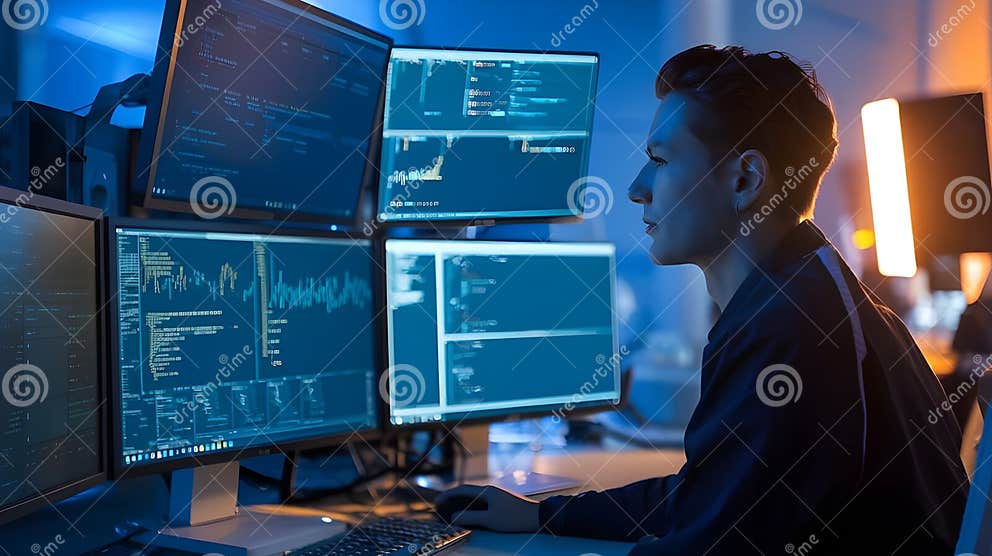 Programmer Working on Multiple Monitors with Code and Data Analysis Stock Illustration ...