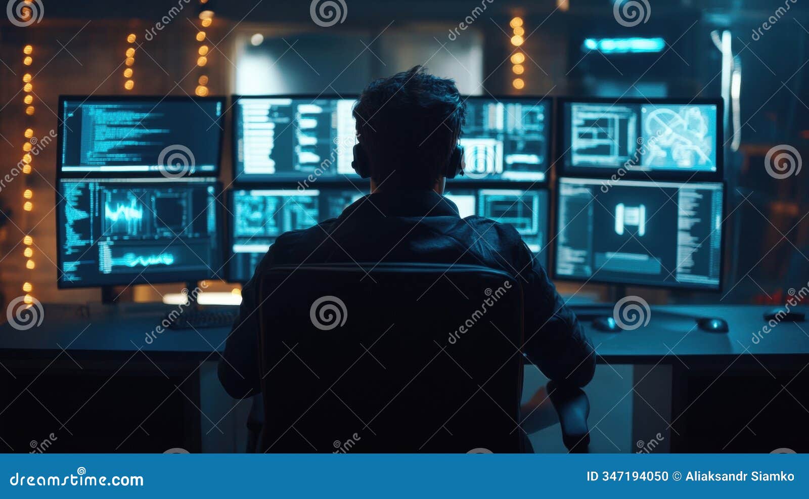 Programmer Working on Multiple Monitors in Modern Office Environment Stock Illustration ...