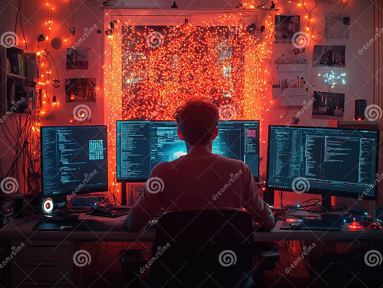 A Programmer Working on Multiple Screens Surrounded by Red Lights in a ...