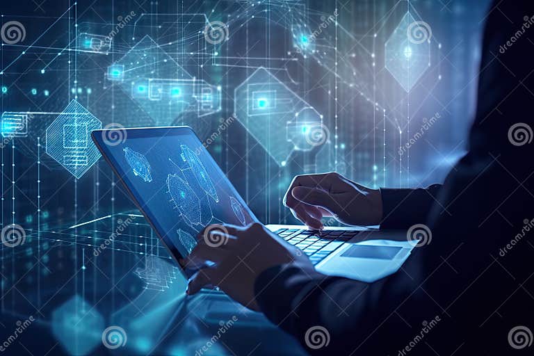 Programmer Working at Their Computer, Surrounded by Monitors Displaying ...