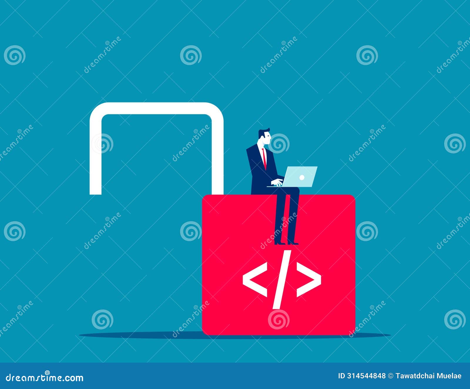 Programmer Working Using Computer Laptop Working on Unlock Lock with Coding Symbol Stock Vector ...