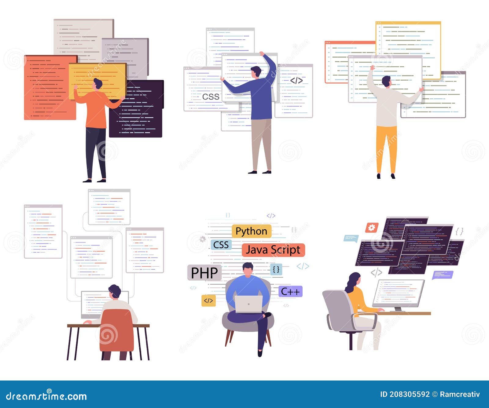 Programmer Working on Web Development with Many Open Programm Windows ...