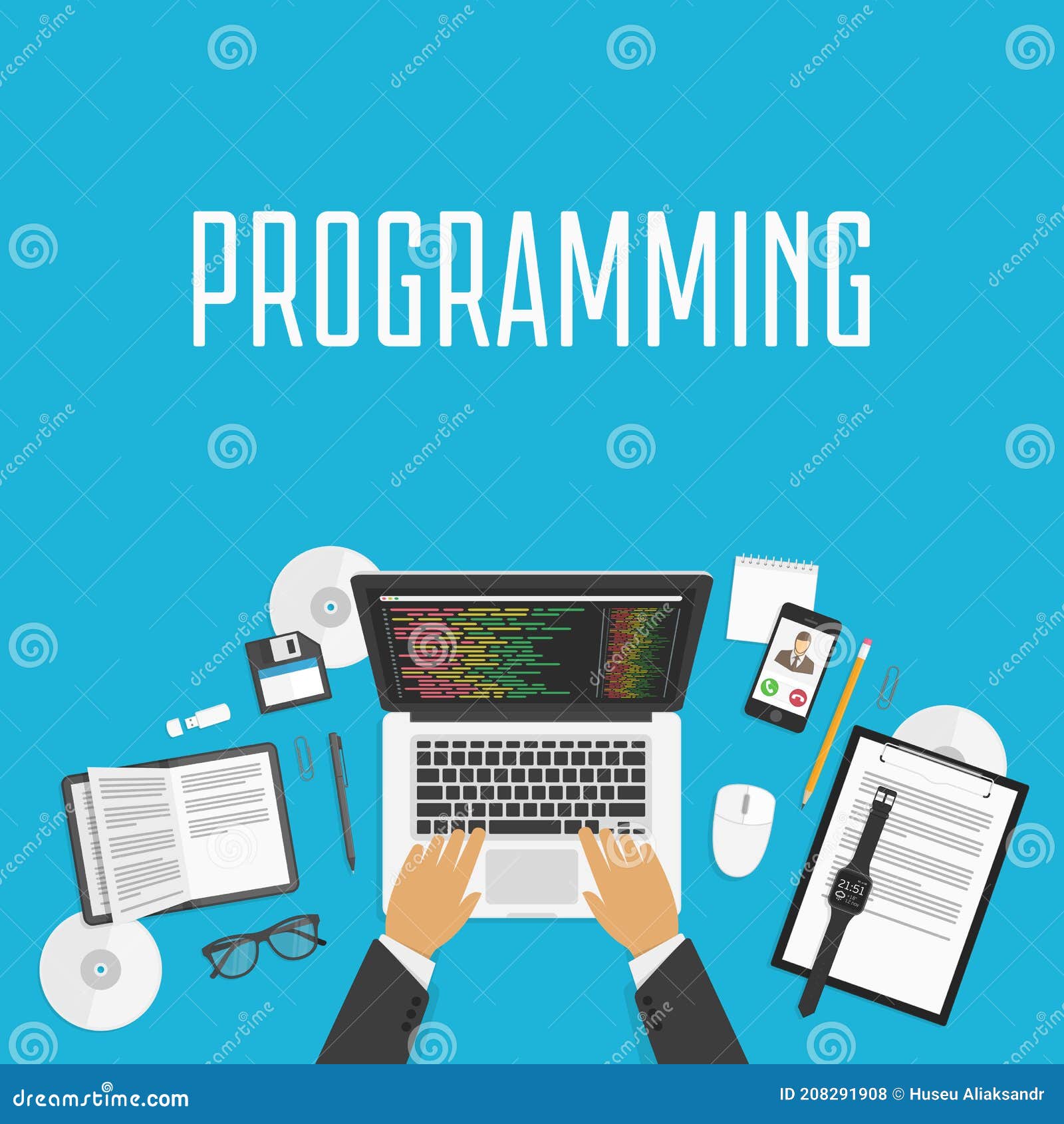 Programmer Workplace Banner Top View. Stock Vector - Illustration of ...