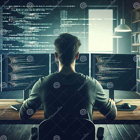 A Programmer Works on Code Displayed Across Multiple Monitors in a ...