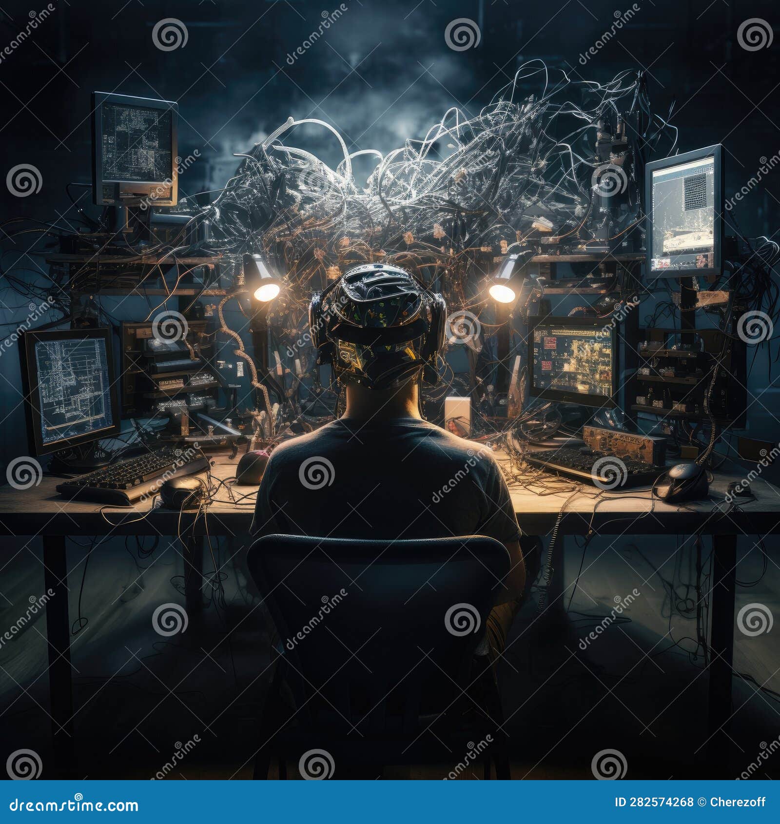 A Programmer Works at a Computer through a Neural Interface Stock Illustration - Illustration of ...