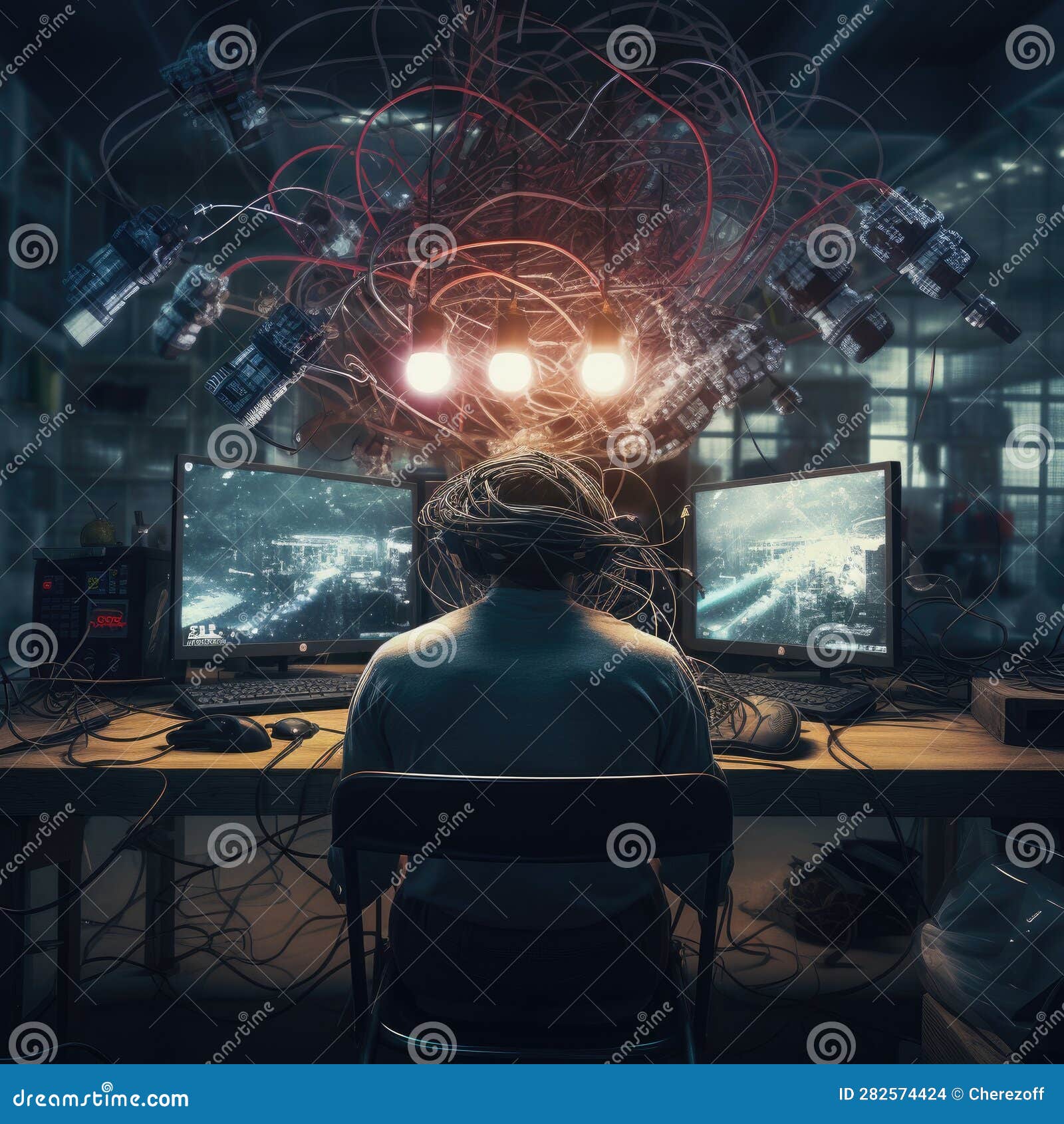 A Programmer Works at a Computer through a Neural Interface Stock Illustration - Illustration of ...