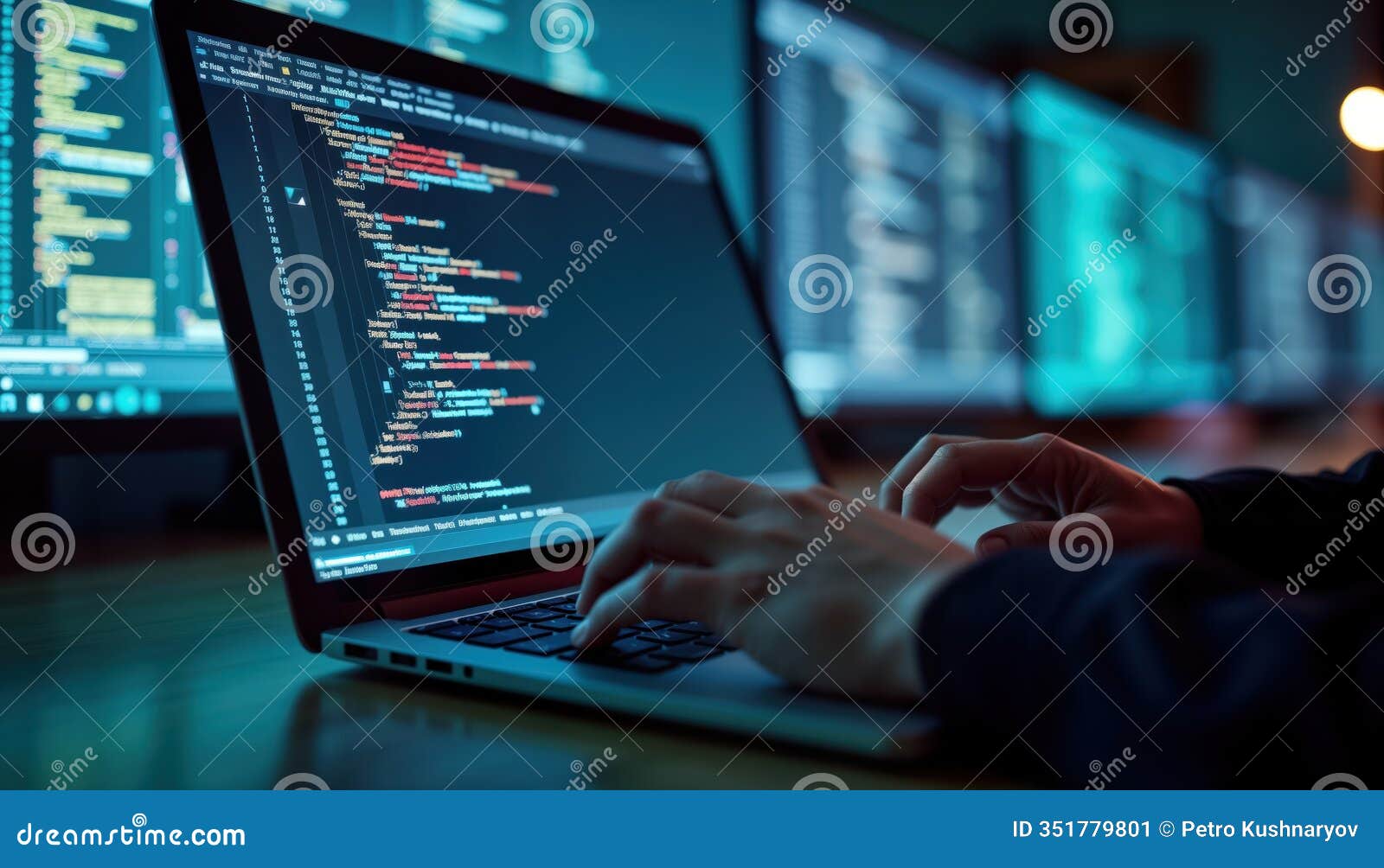 Programmer Works Laptop with Javascript Code. Many Screens Show Complex Data. Person Types on ...
