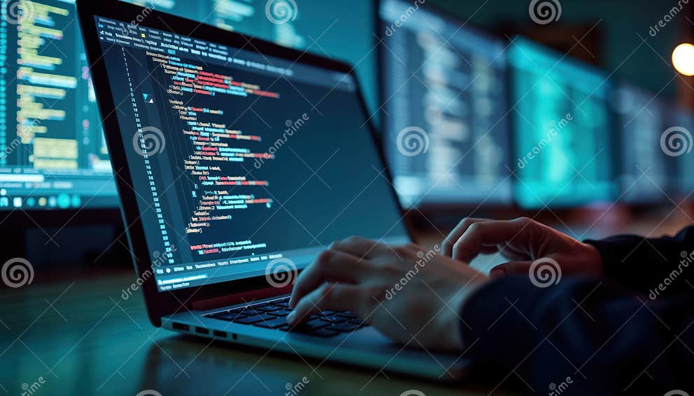 Programmer Works Laptop with Javascript Code. Many Screens Show Complex Data. Person Types on ...