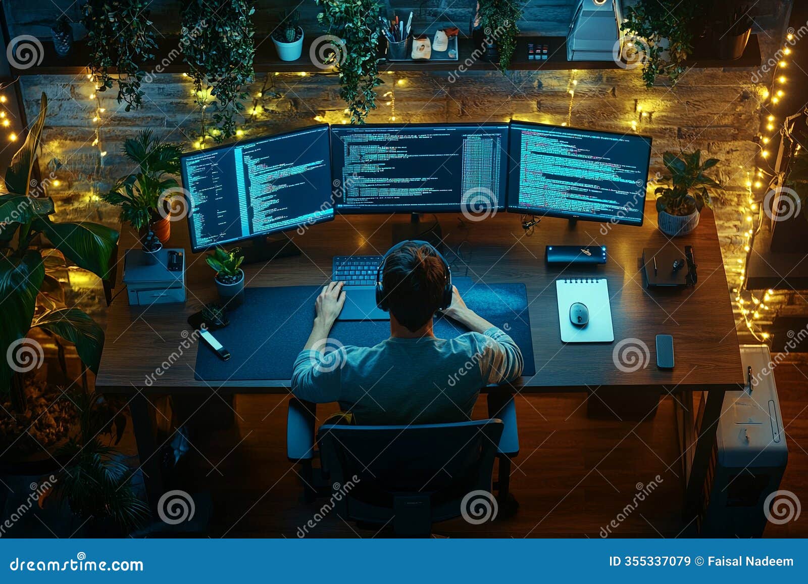 Programmer Night Work Modern Desk Setup Triple Monitor Coding Software Developer Home Office ...