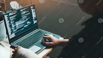 Programmer Writes Coding Digital World Technology. Visualize ...