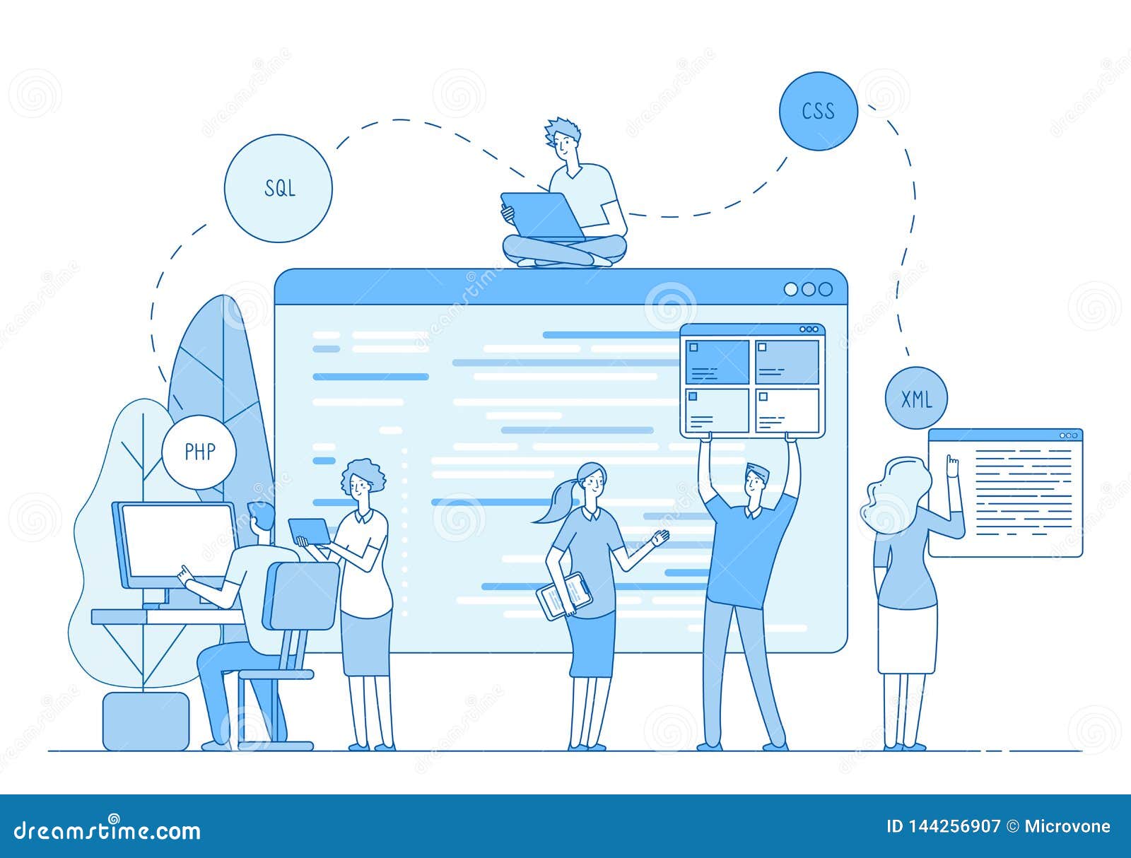Programmers Coding Website Coders Write Source Code On Screen On Window Stock Vector