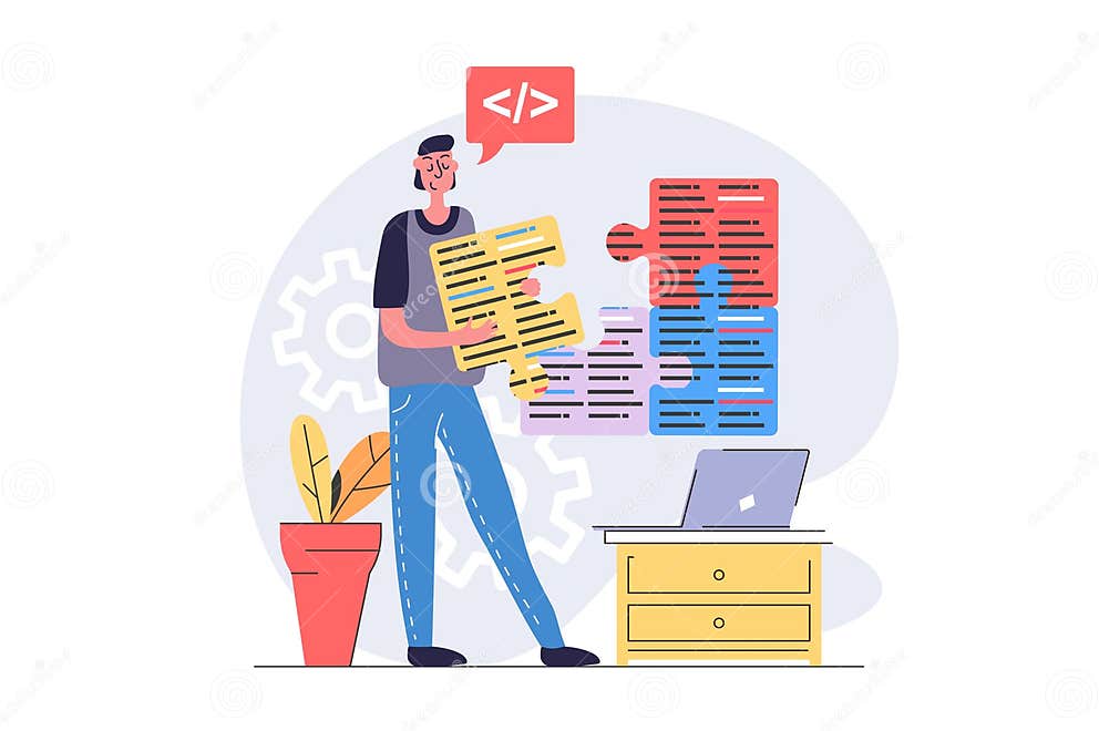 Programmers Concept in Modern Flat Design for Web. Developer Working with Program Code at Laptop ...