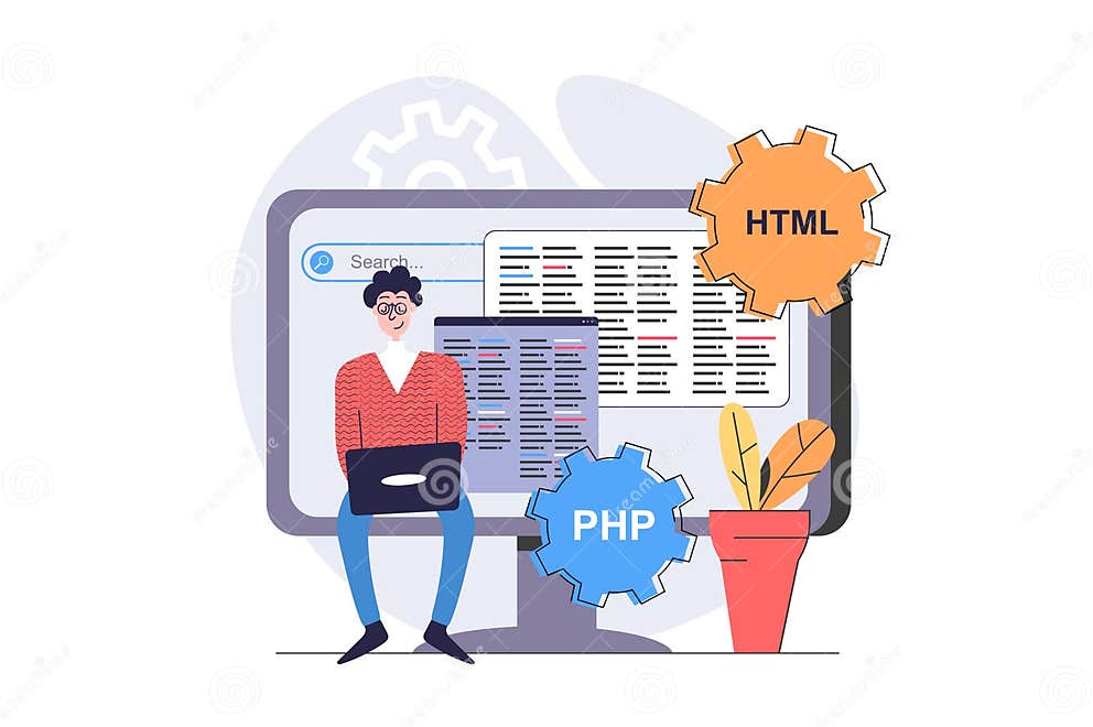 Programmers Concept in Modern Flat Design for Web. Man Developer Working with Code at Laptop and ...