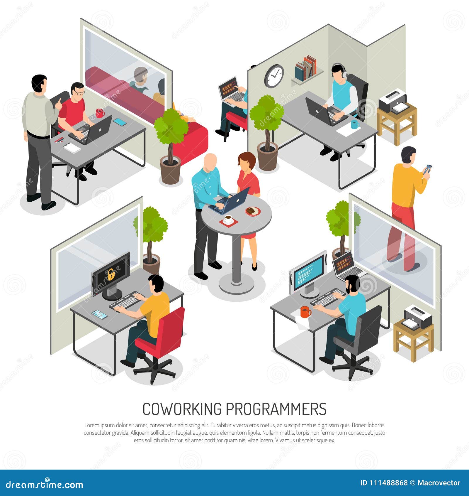 Programmers Coworking Space Isometric Composition Stock Vector ...