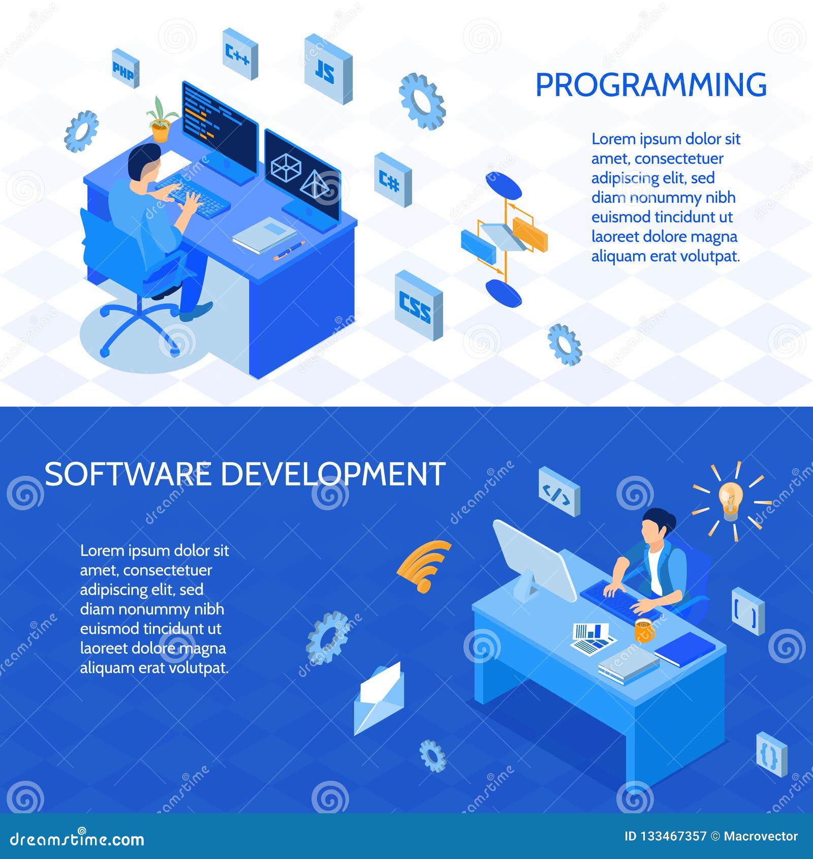 Programmers Isometric Banners Stock Vector - Illustration of place ...