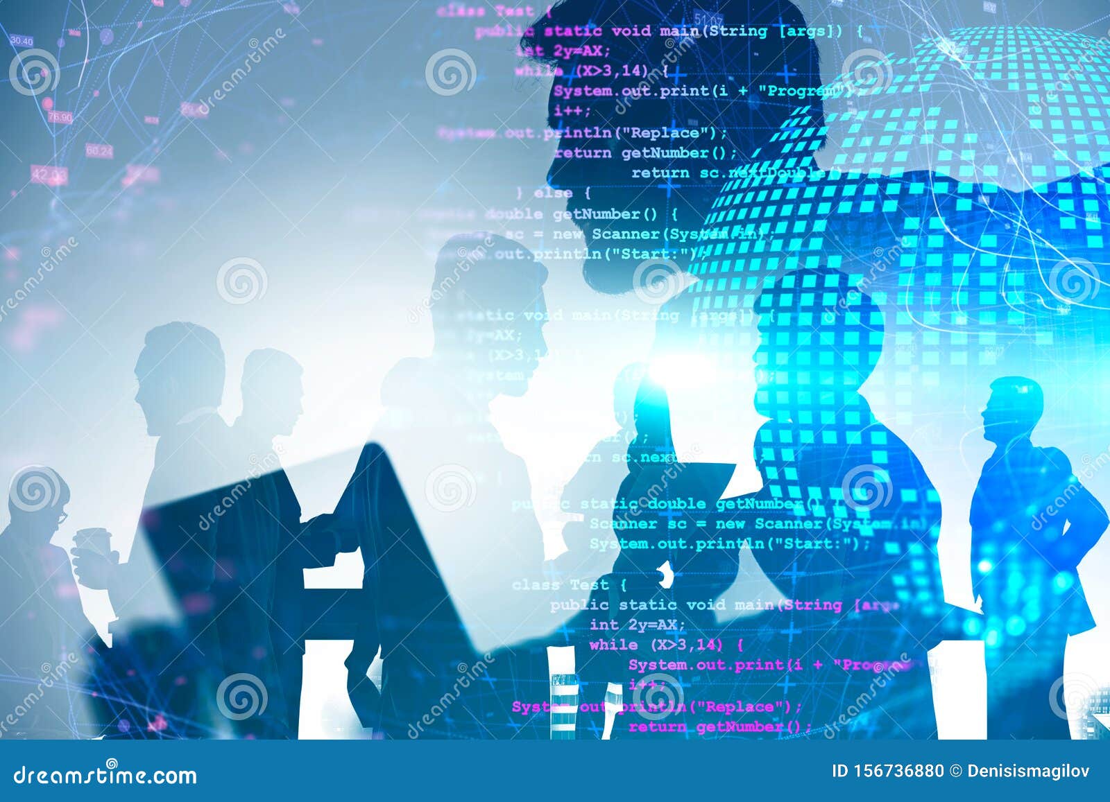 Programmers Silhouettes, Planet Hologram and Code Stock Photo - Image ...