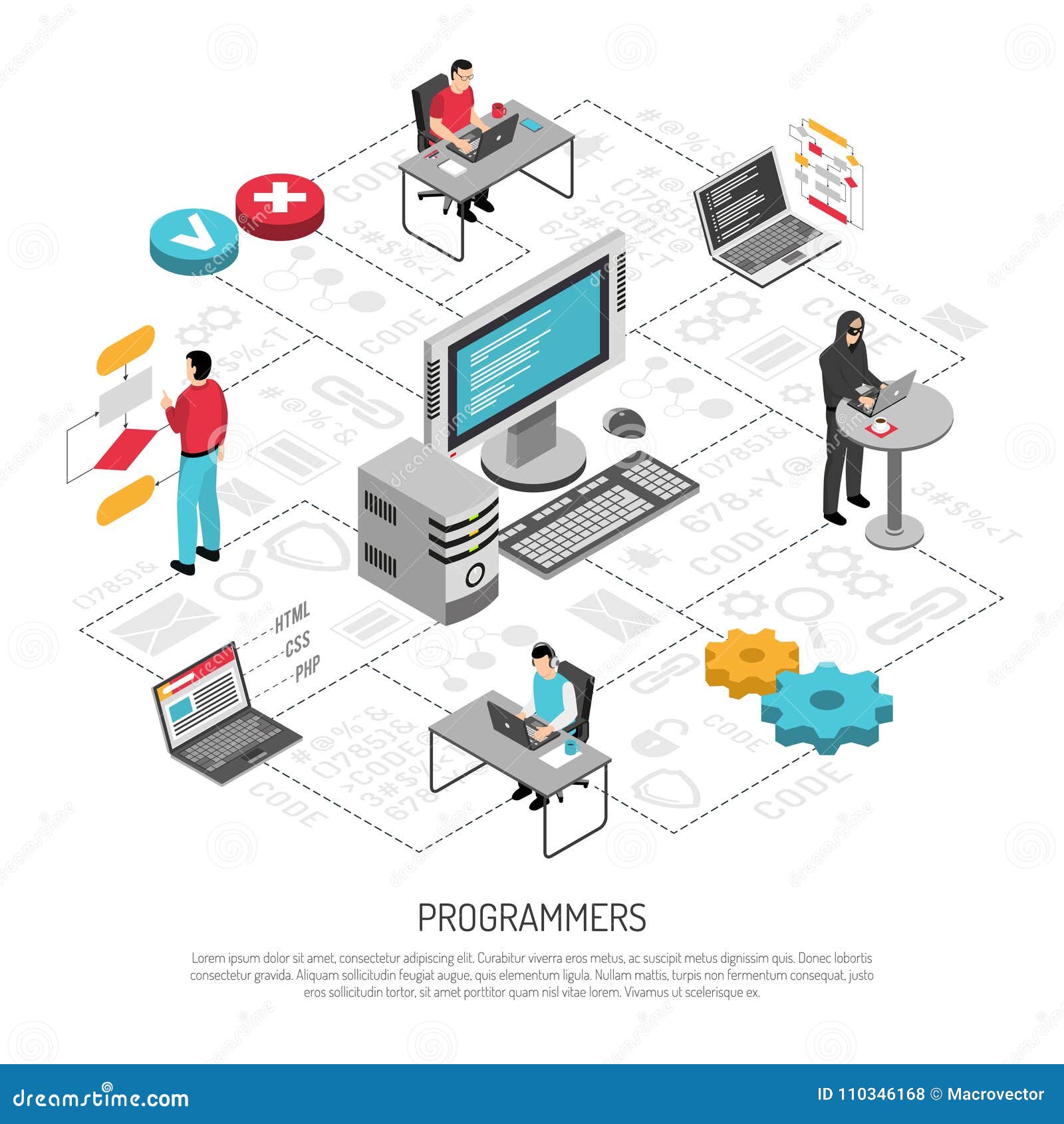Programmers Work Isometric Background Composition Stock Vector Illustration Of Isometric