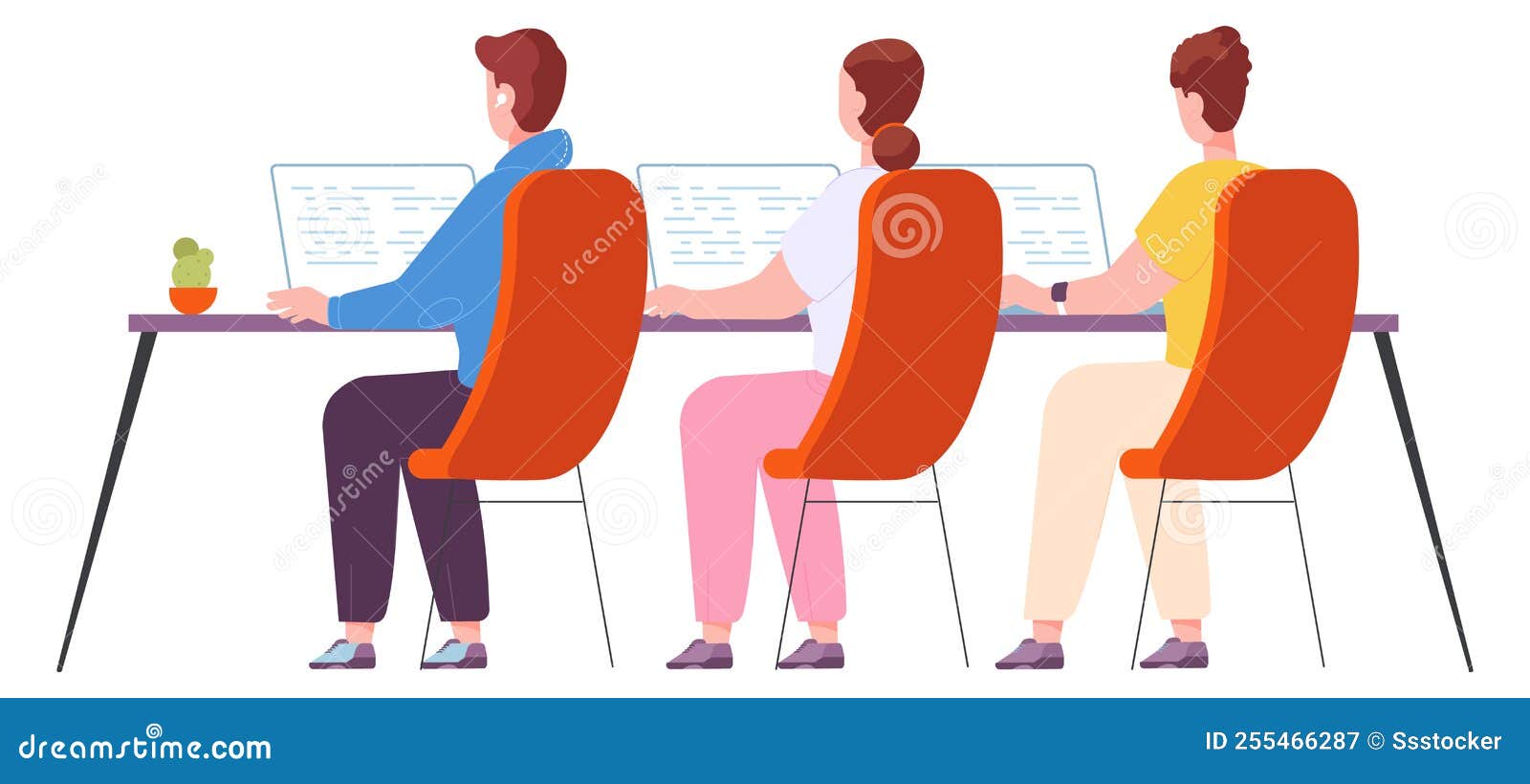 Programmers Working at Computer Desk Back View. Teamwork Workplace Stock Vector - Illustration ...