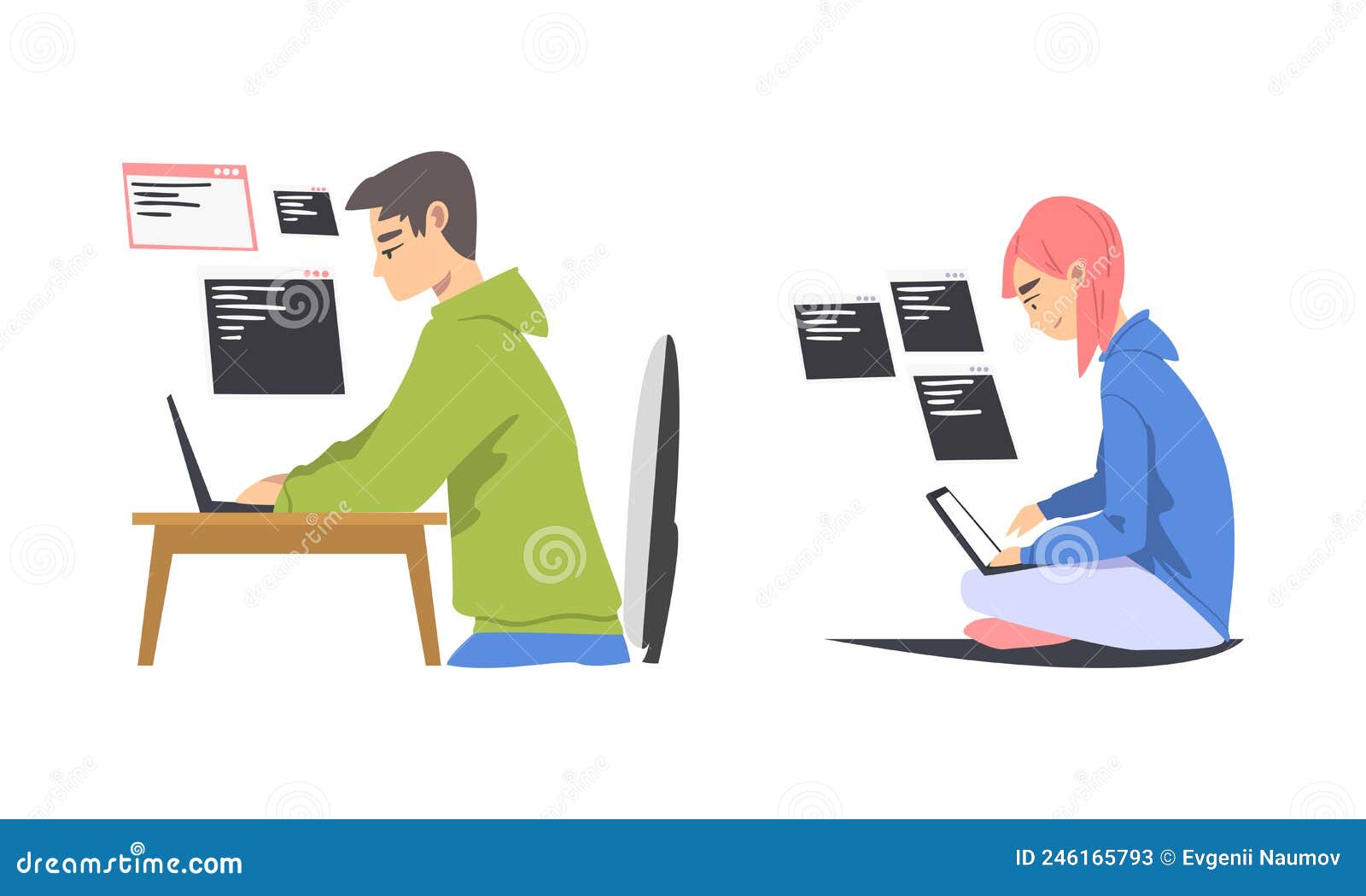 Programmers Working On Computers Set Side View Of Software Developers Creating Computer