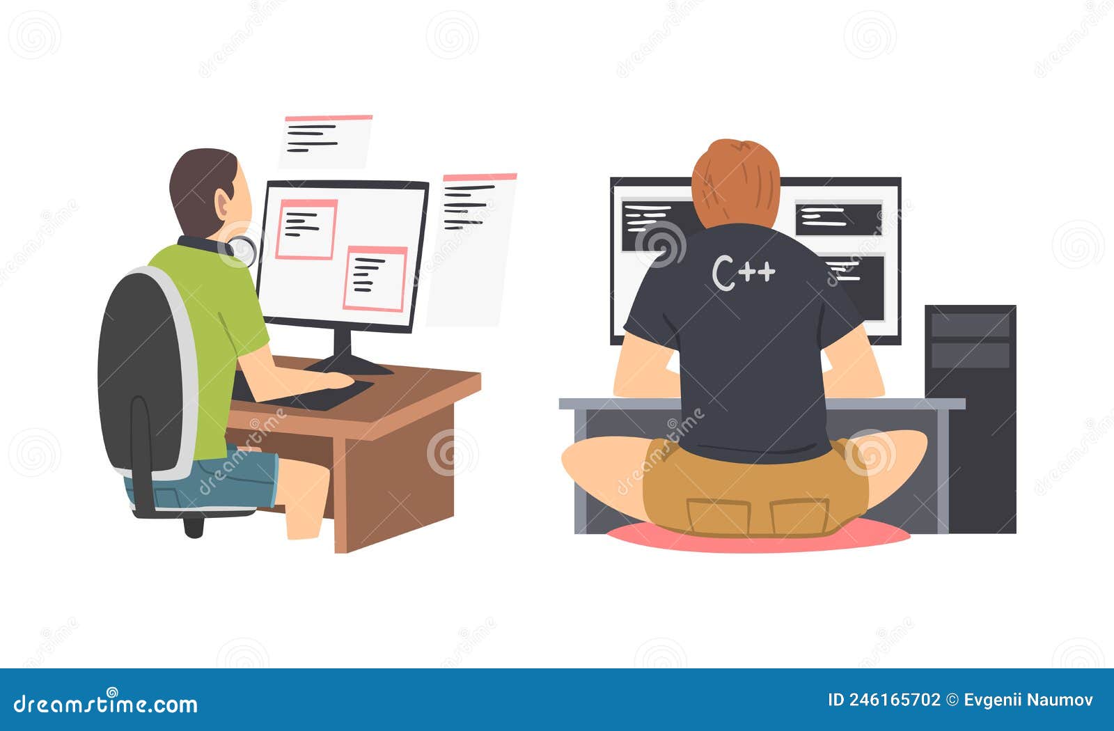 Programmers Working On Computers Set View From Behind Of Men Writing Computer Software Cartoon