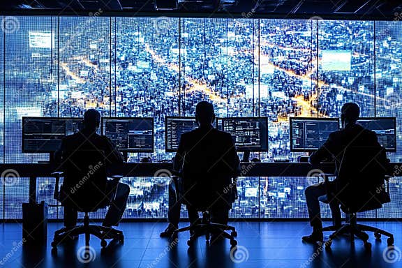 Programmers Working in Dark Room with City on Screen Stock Photo ...