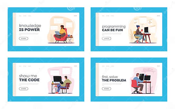 Programmers Working Landing Page Template Set. Designer Characters Working on Computer Coding ...