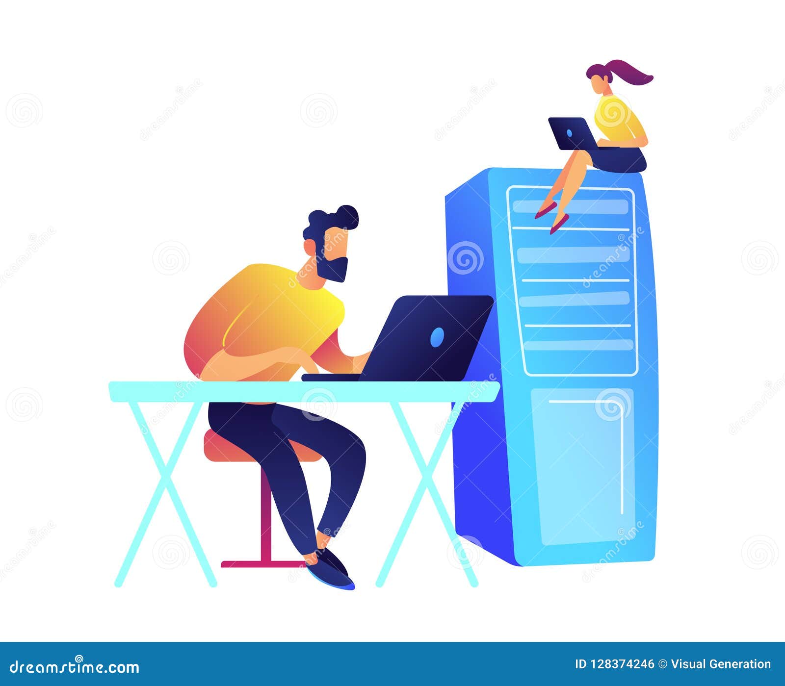 Programmers Working with Laptops and Server Rack Vector Illustration ...