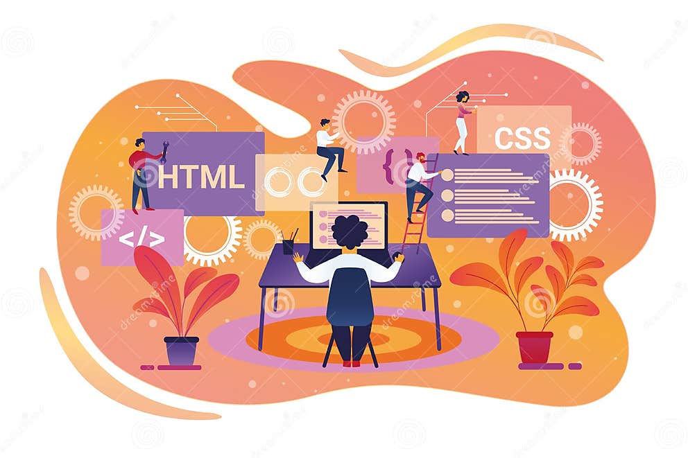 Programmierer Character Working Auf Laptop Teamwork Vektor Abbildung ...