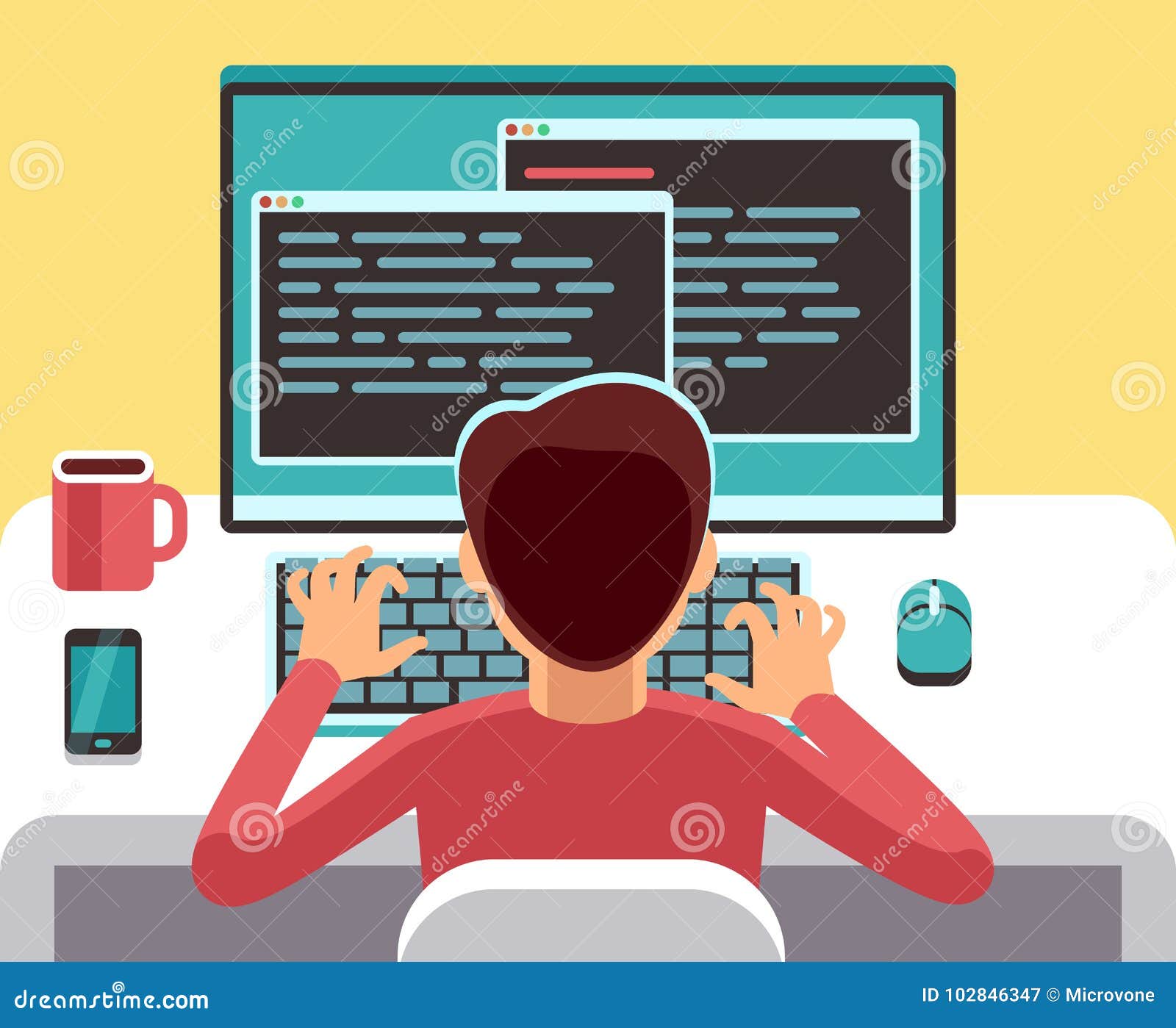Programmierer Des Jungen Mannes, Der an Computer Mit Code Auf Schirm ...