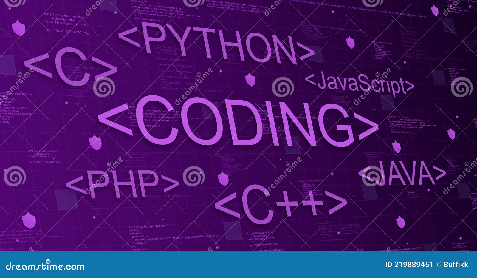 Programmiersprachen Auf Tech Lila Hintergrund Mit Code-Elementen Und ...