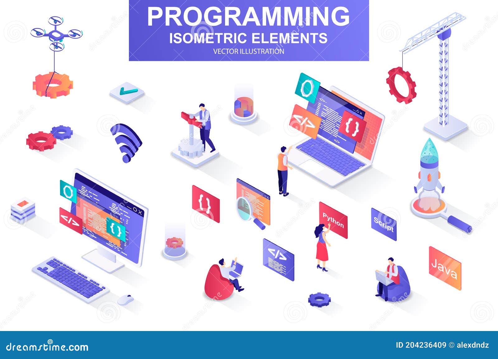 Programming Bundle of Isometric Elements. Developer Working, Program ...